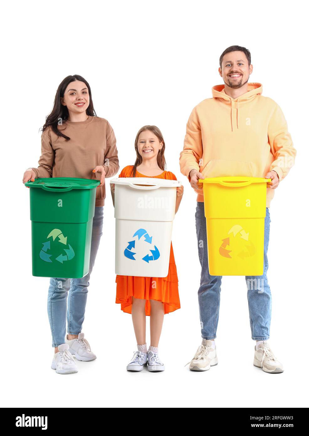 Family with recycle bins on white background Stock Photo - Alamy