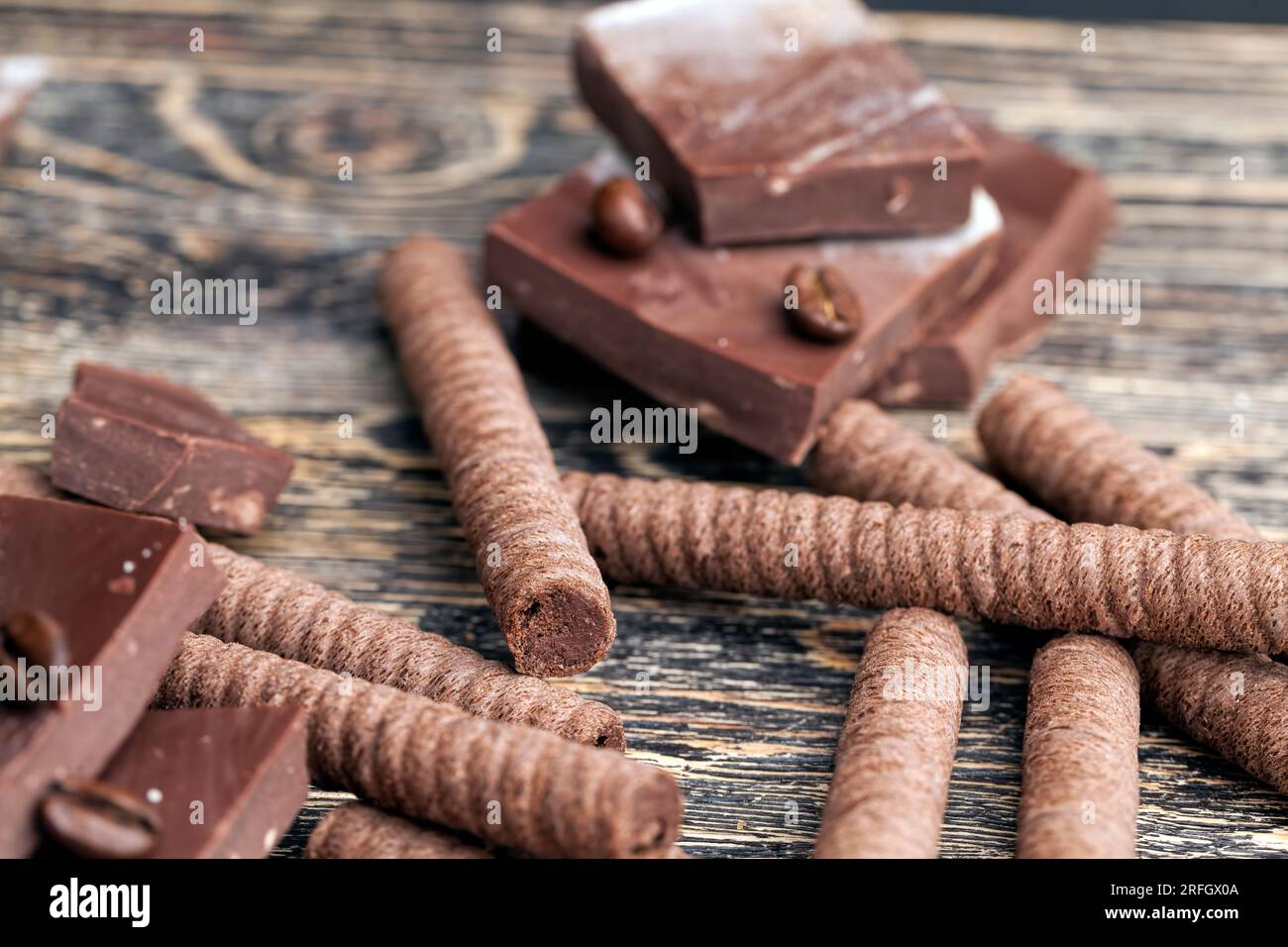 chocolate waffle tubes with chocolate filling and pieces of homemade ...
