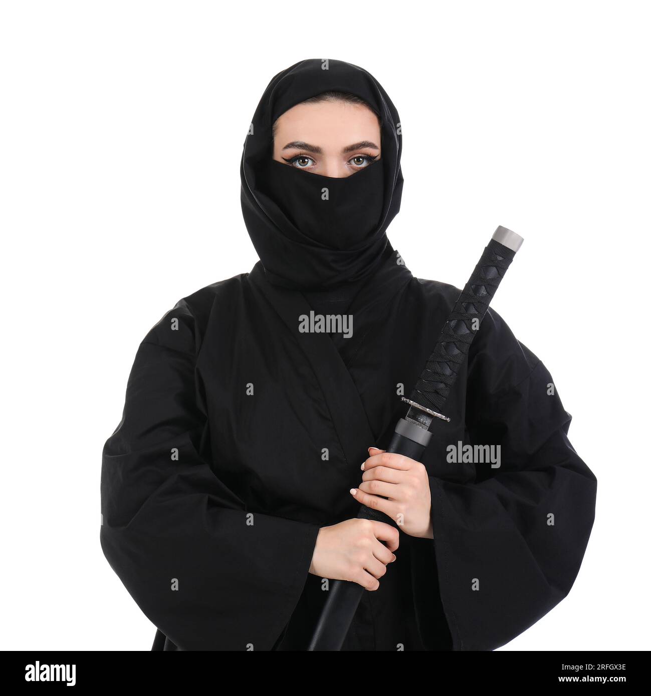 Female ninja with sword isolated on white Stock Photo - Alamy