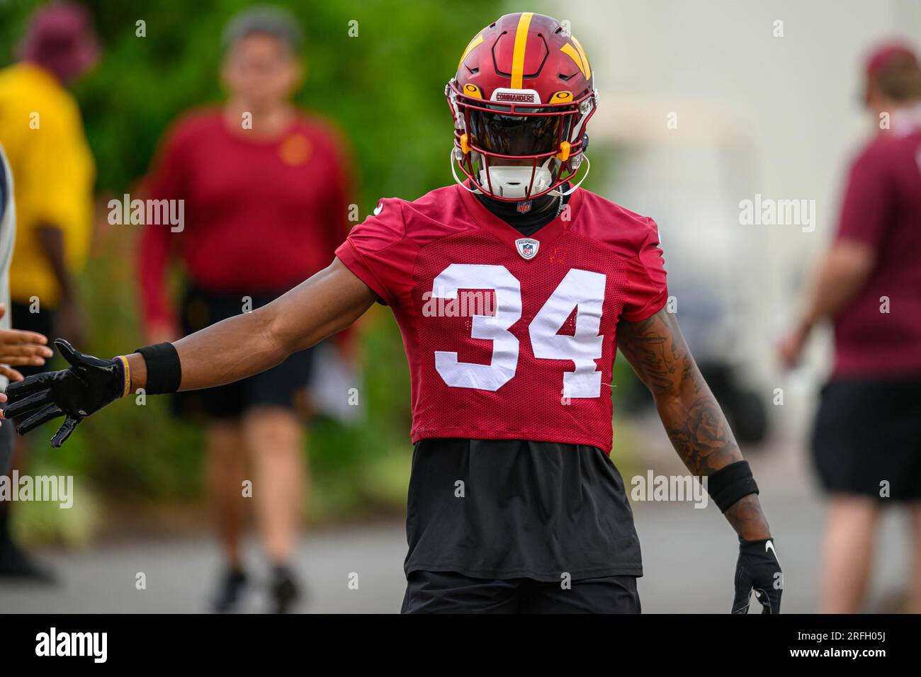 August 3rd 2023: Washington Commanders cornerback Christian Holmes (34) walks to the field ...
