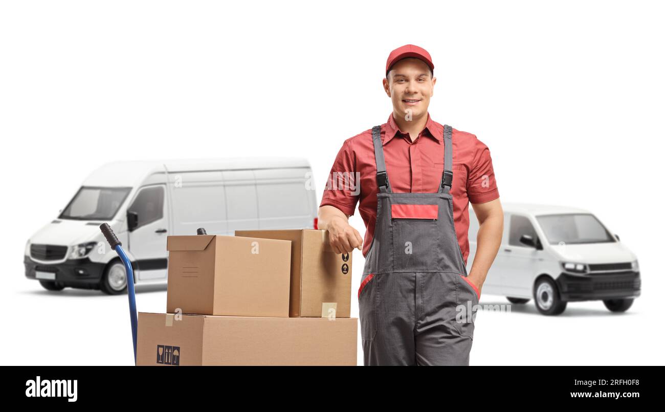 Worker with a van and a stack of boxes loaded on a hand truck isolated ...