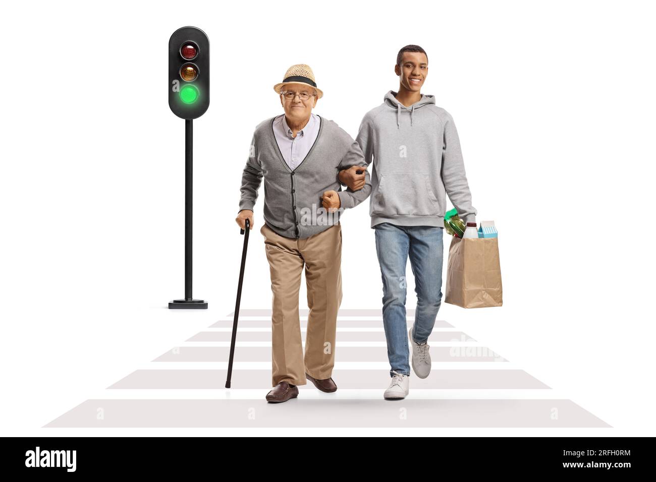 Young african american man helping an elderly man with a cane and ...