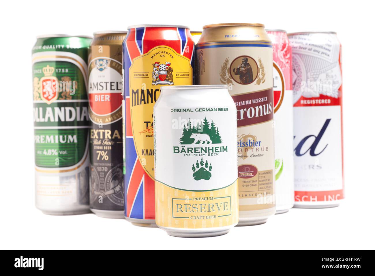 Moscow, Russia, July 31, 2023: Collection of beer cans on a white ...
