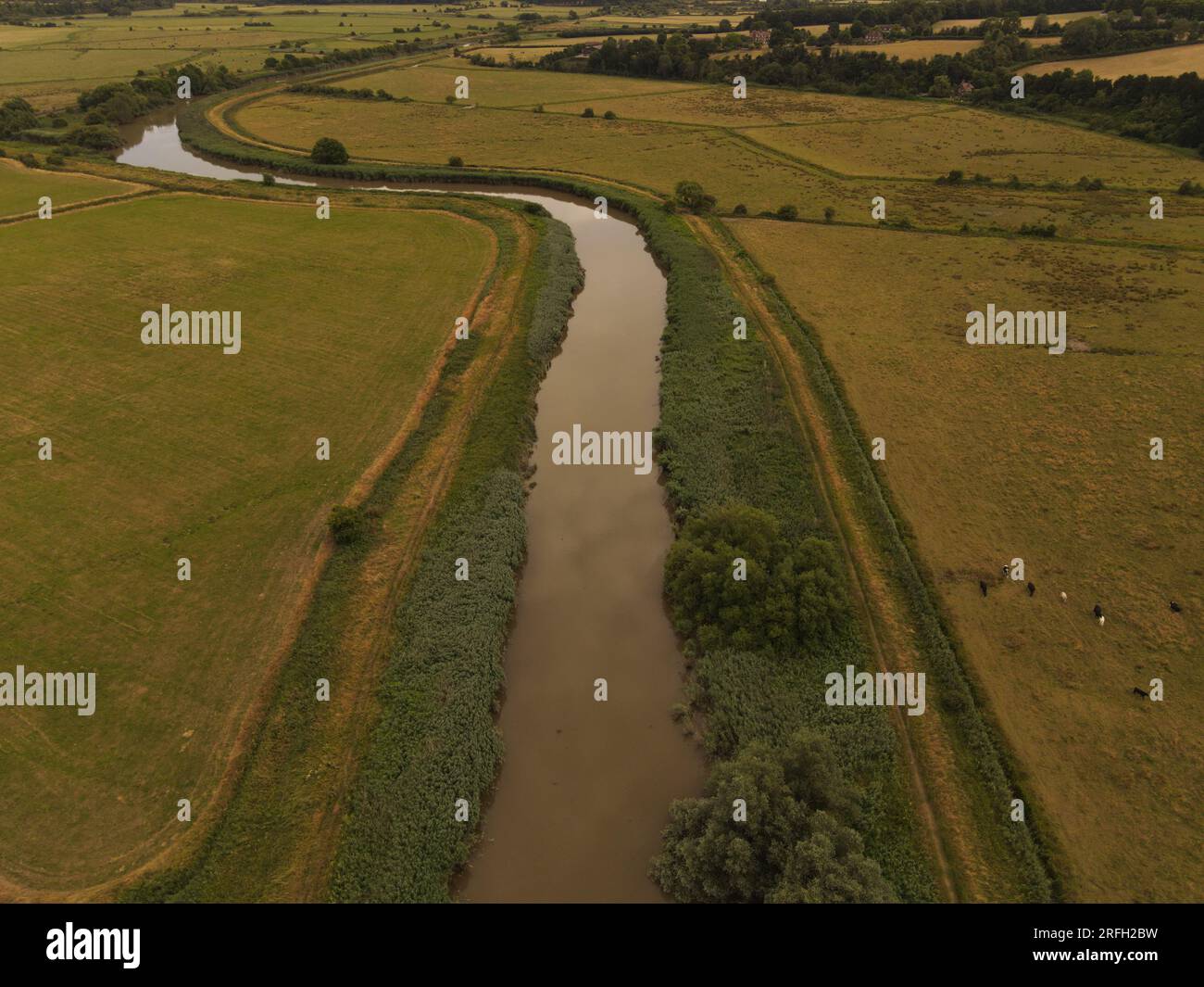 The River Arun, cutting through an agricultural floodplain, near ...
