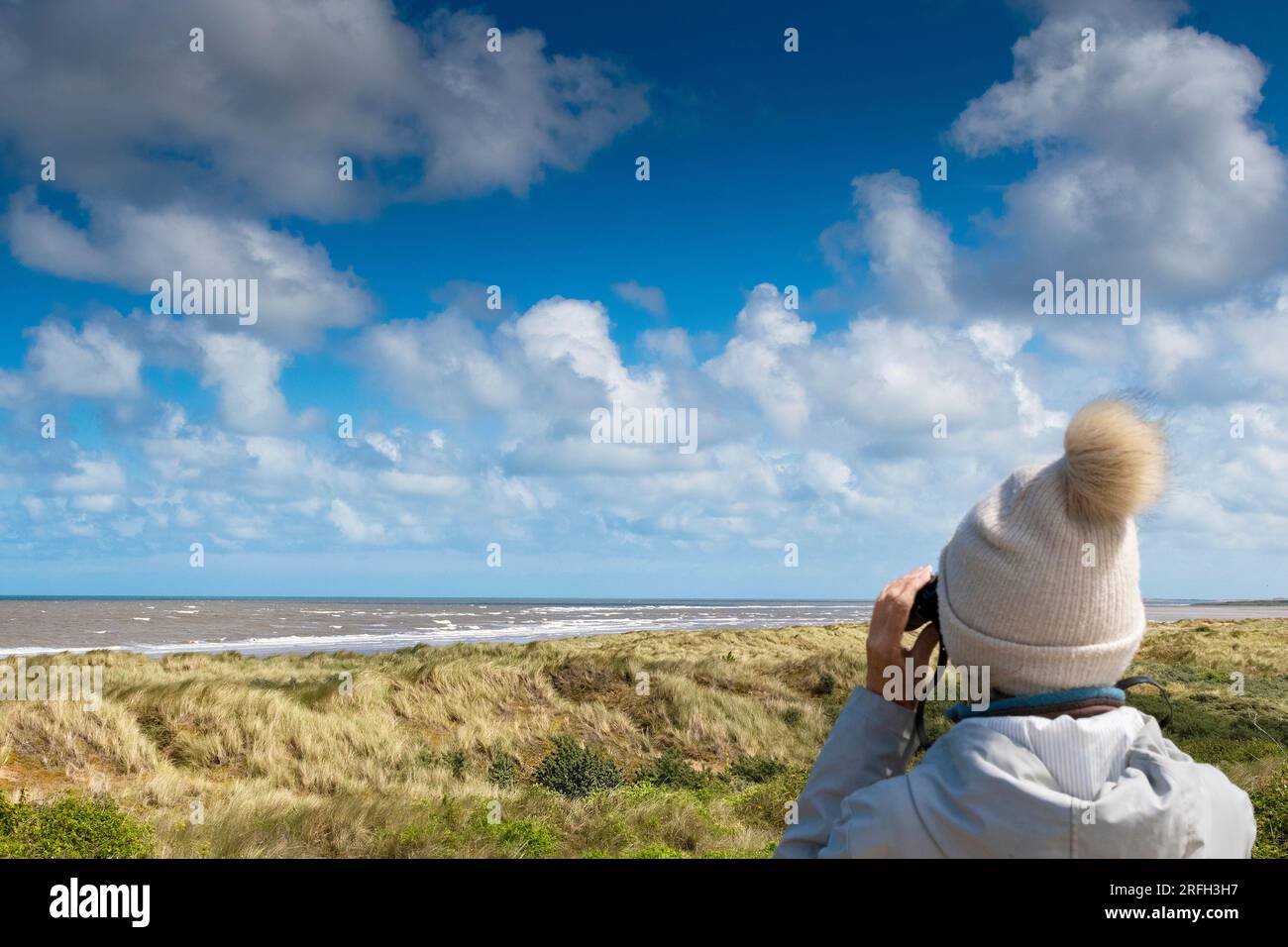 Woman bird watching with binoculars amongst the sand dunes at Thornham ...