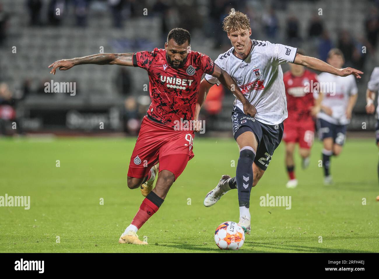 Aarhus, Denmark. 03rd Aug, 2023. Club's Igor Thiago and Aarhus' Thomas ...