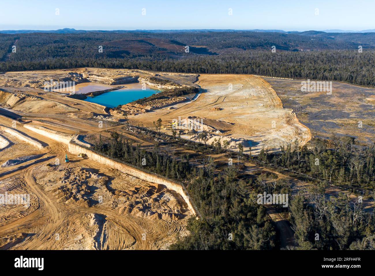 Drone aerial photograph of the open cut Clarence Sands quarry in the ...