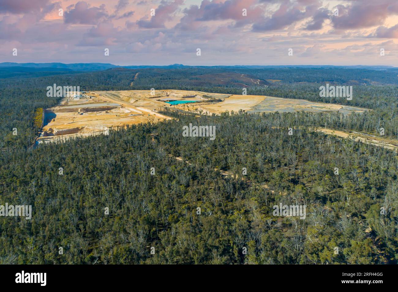 Drone aerial photograph of the open cut Clarence Sands quarry in the ...