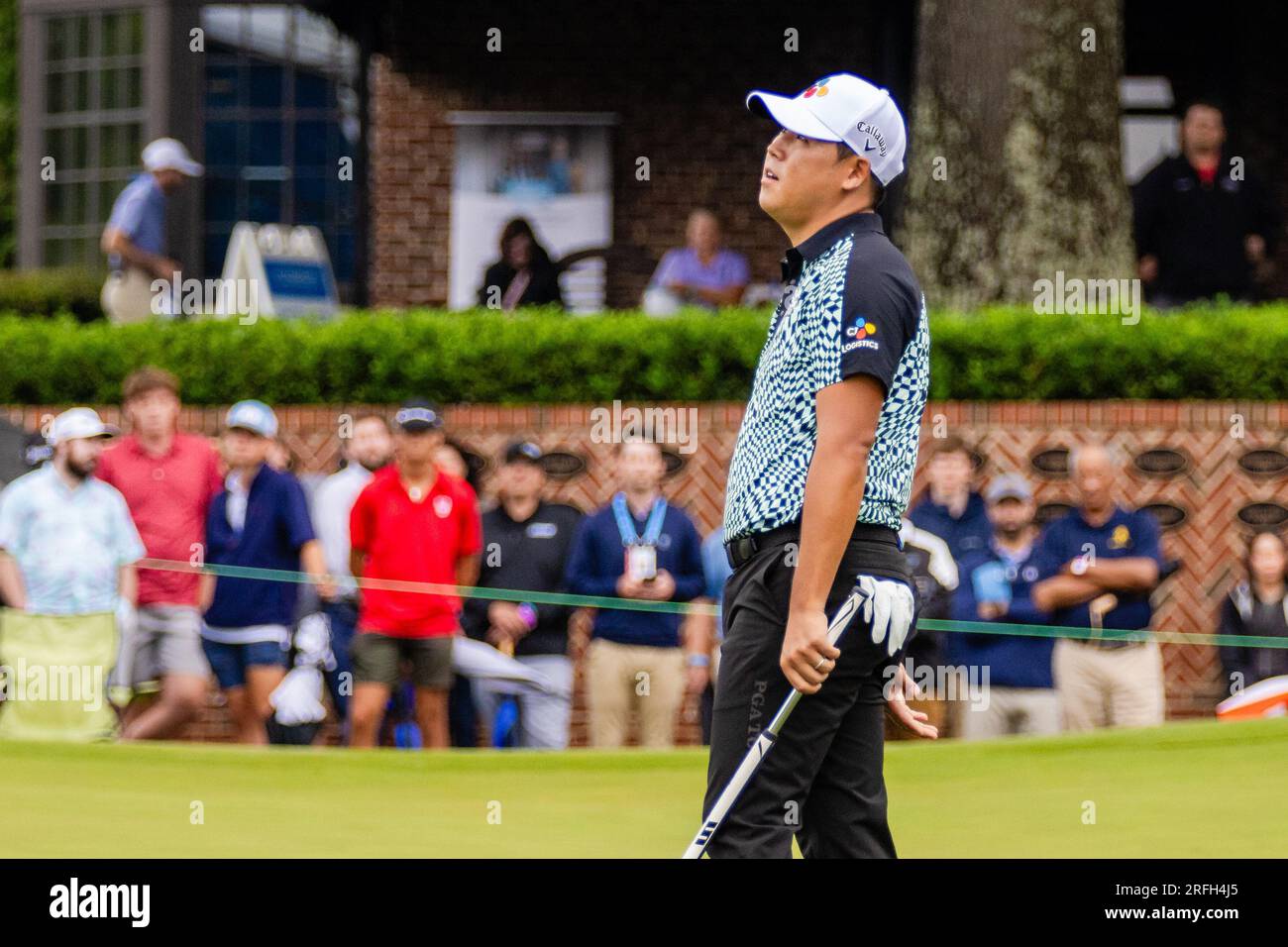 August 3, 2023: Si Woo Kim reacts after missing a par putt on the ninth ...