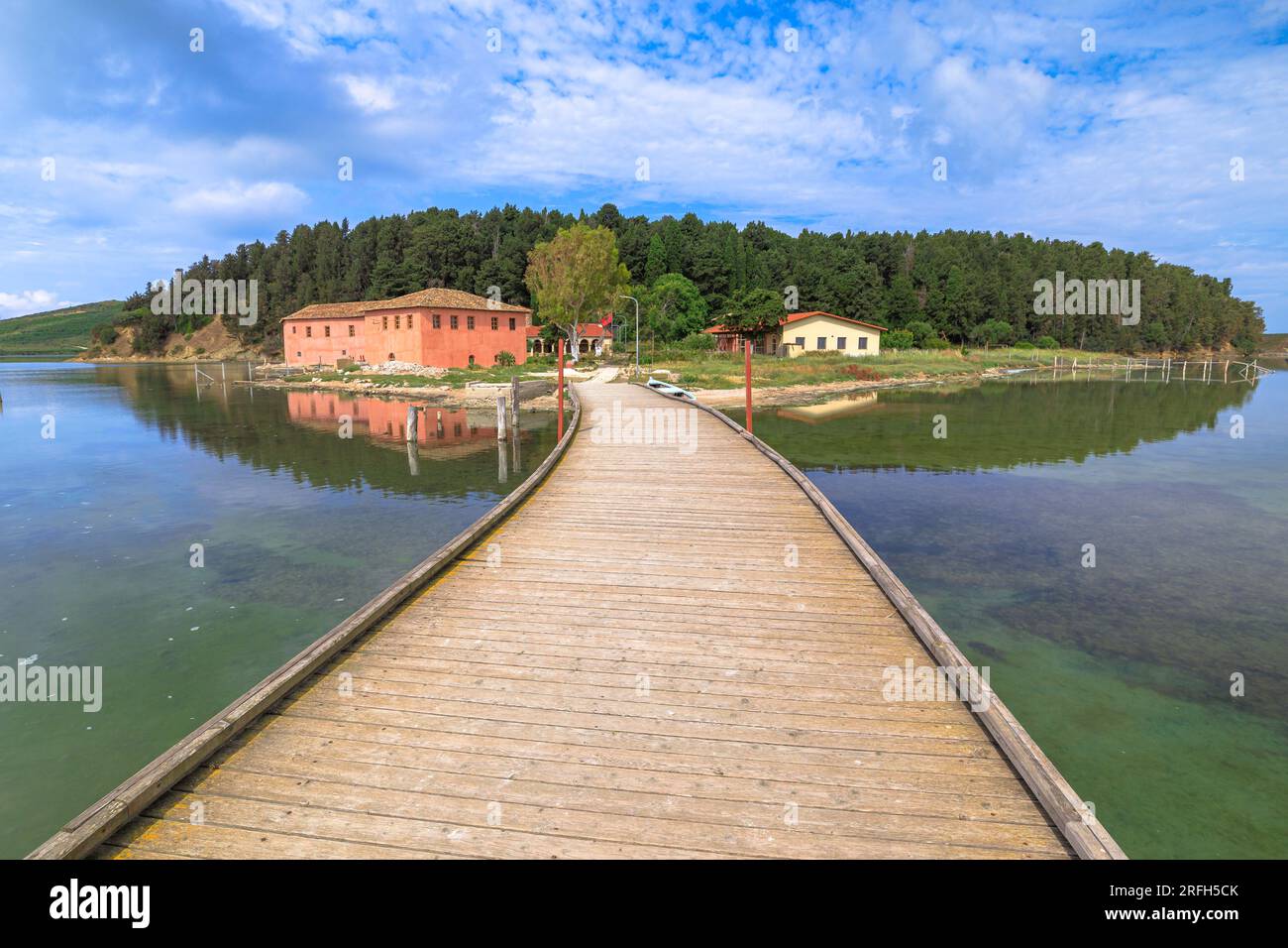 Zvernec Island's pedestrian bridge in Narta Lagoon, Albania. Island ...