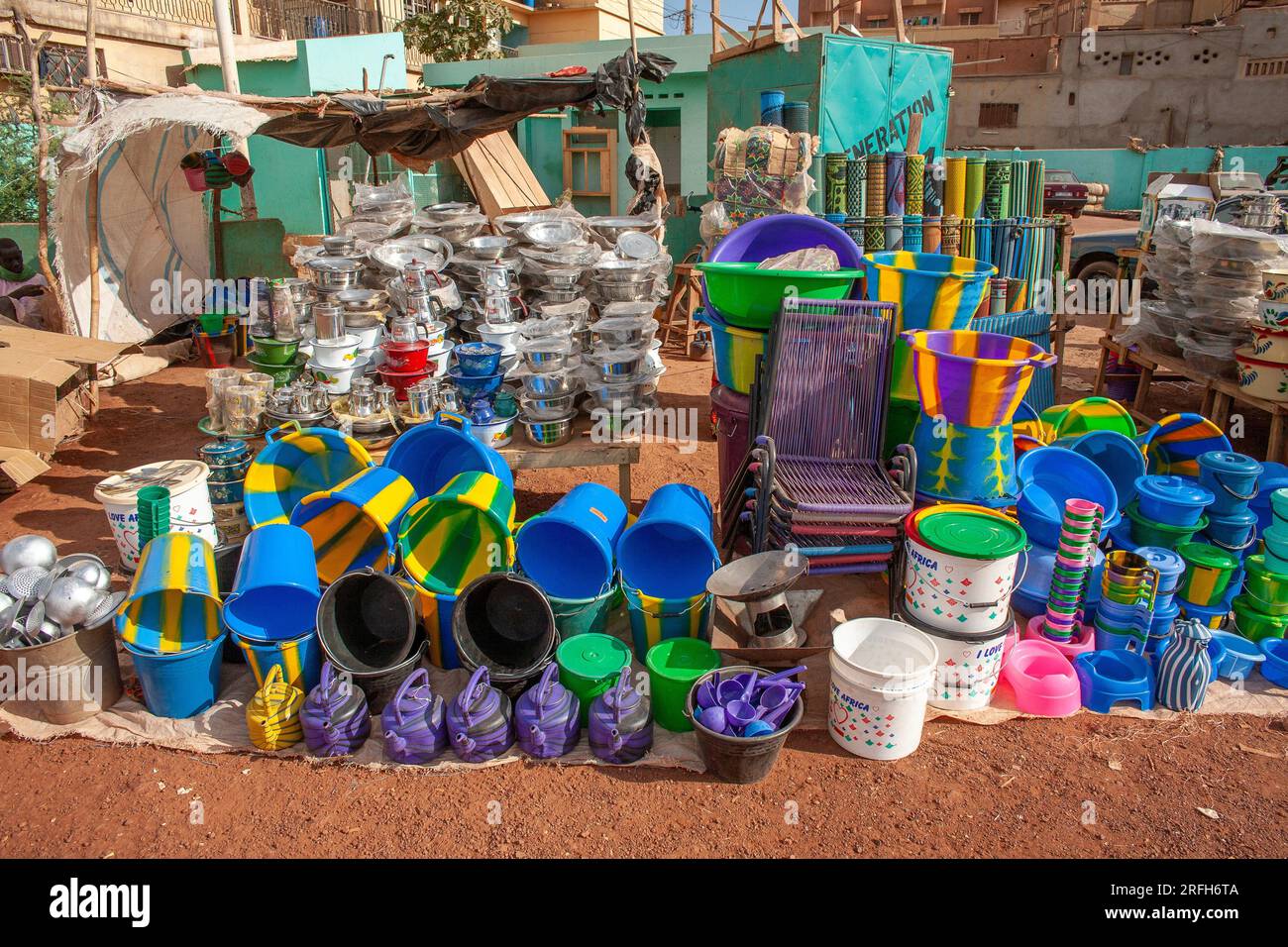 Plastic products on display at the market in Mopti, Mali, West Africa ...