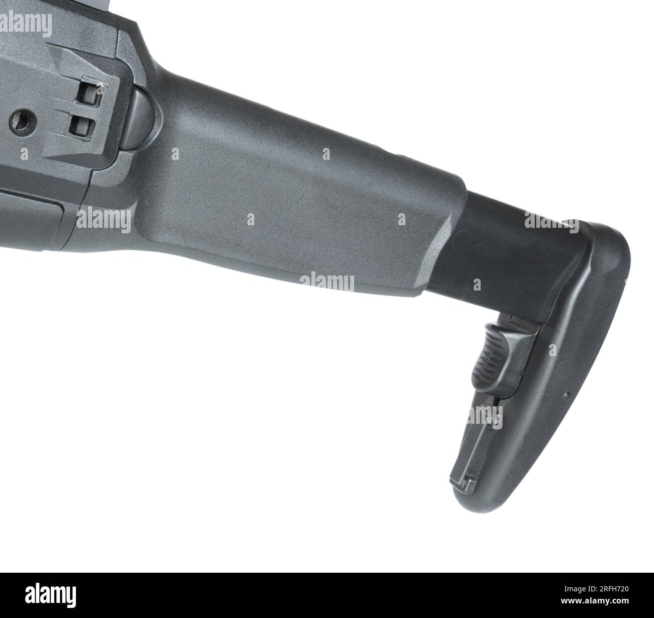 Fully extended assault rifle stock that is adjustable isolated on a ...
