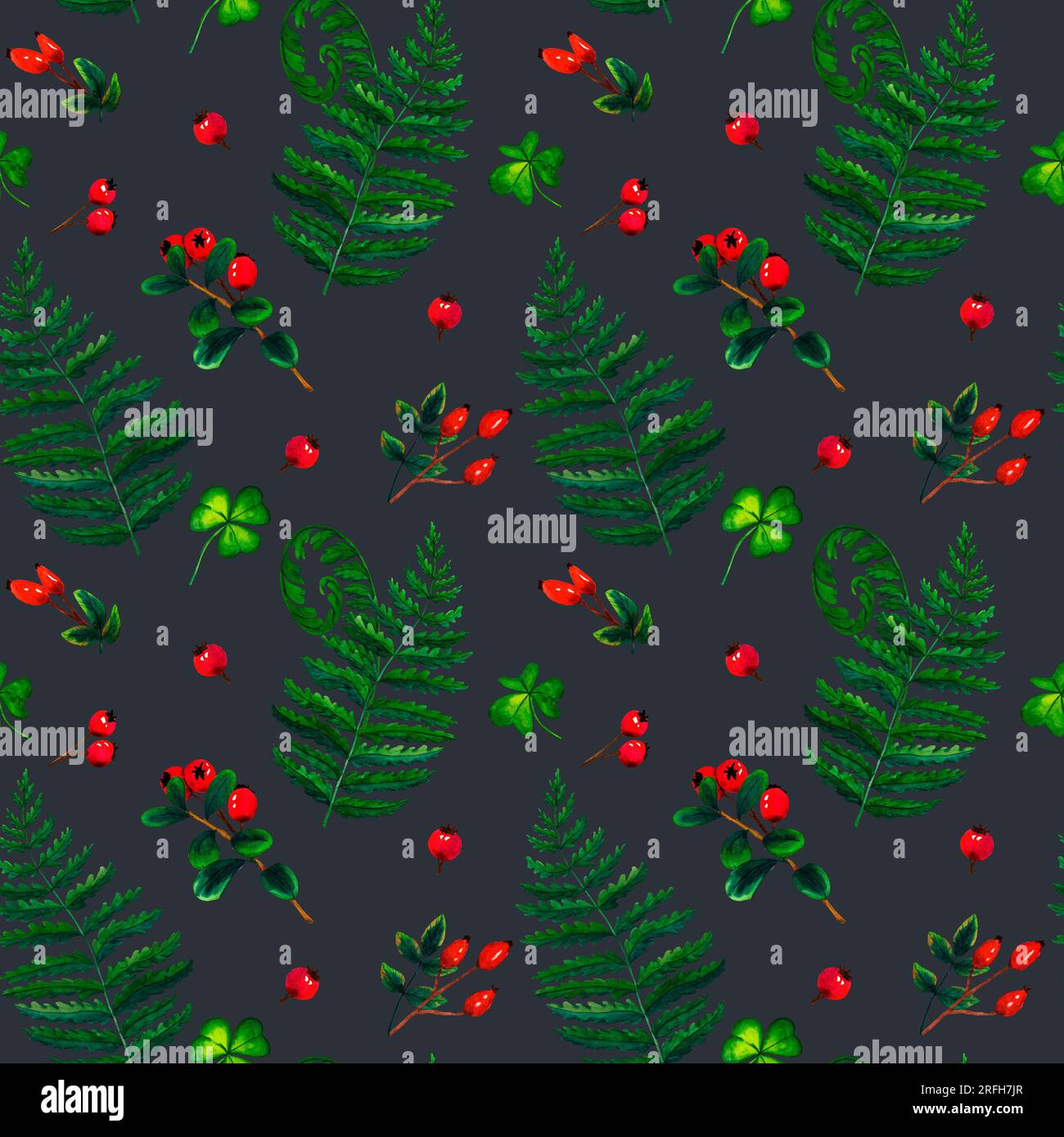 Watercolor seamless pattern wild forest fern and branch red berries ...