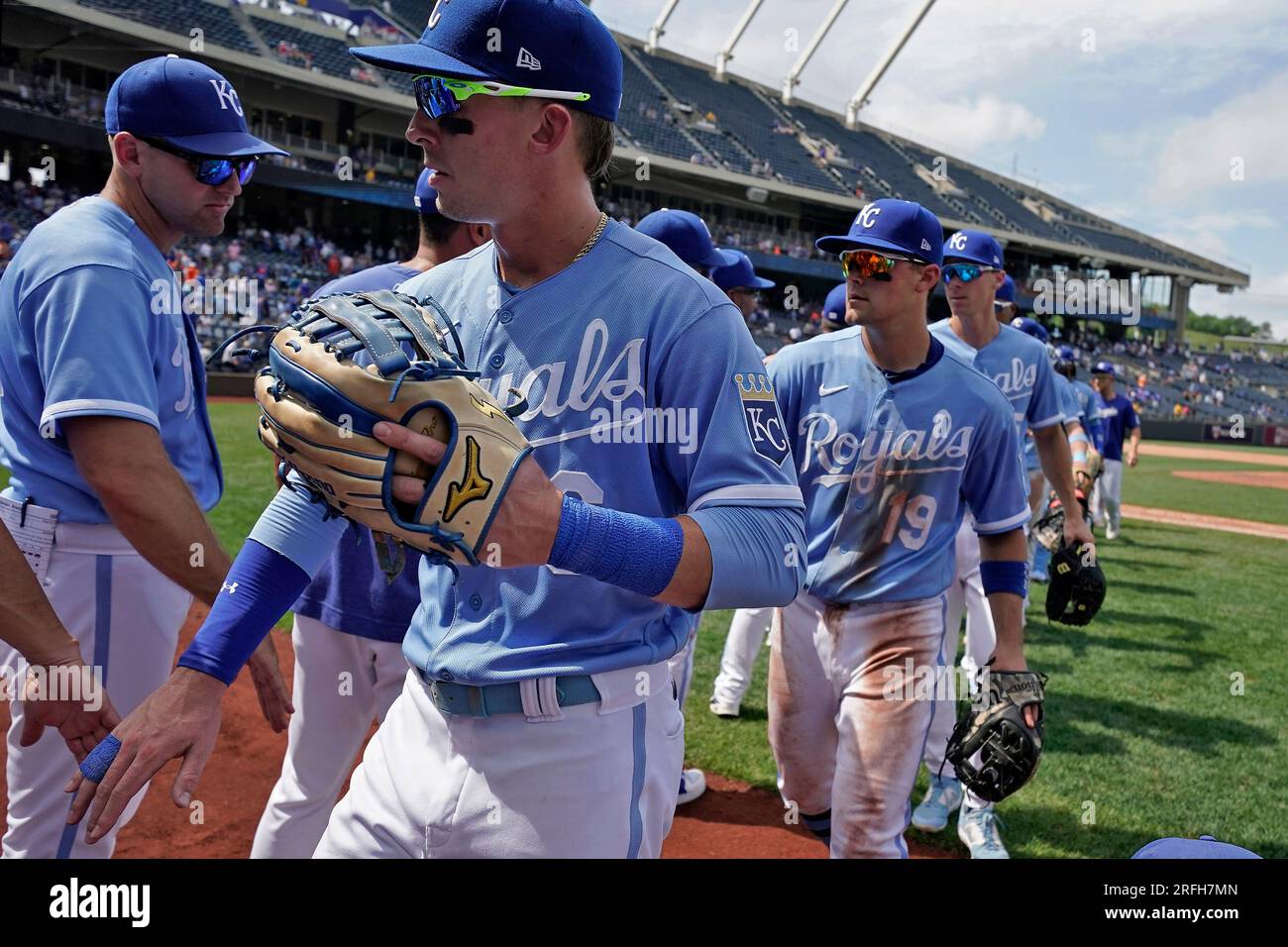 Kansas City Royals' Drew Waters, front, celebrates with teammates after ...