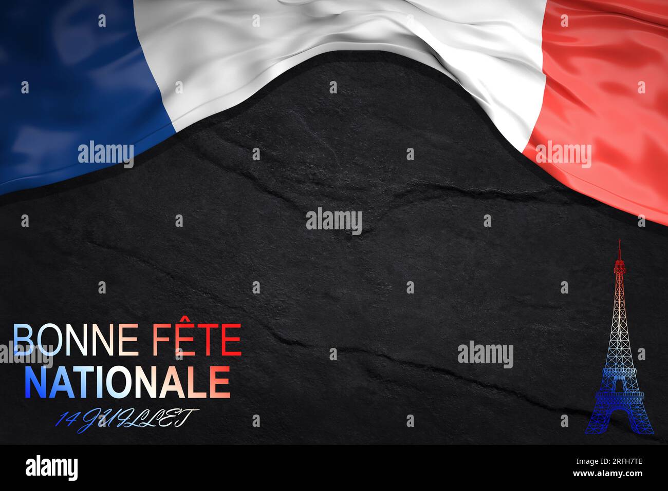 some french flags and the text text bon 14 Juillet, happy 14 July, the ...
