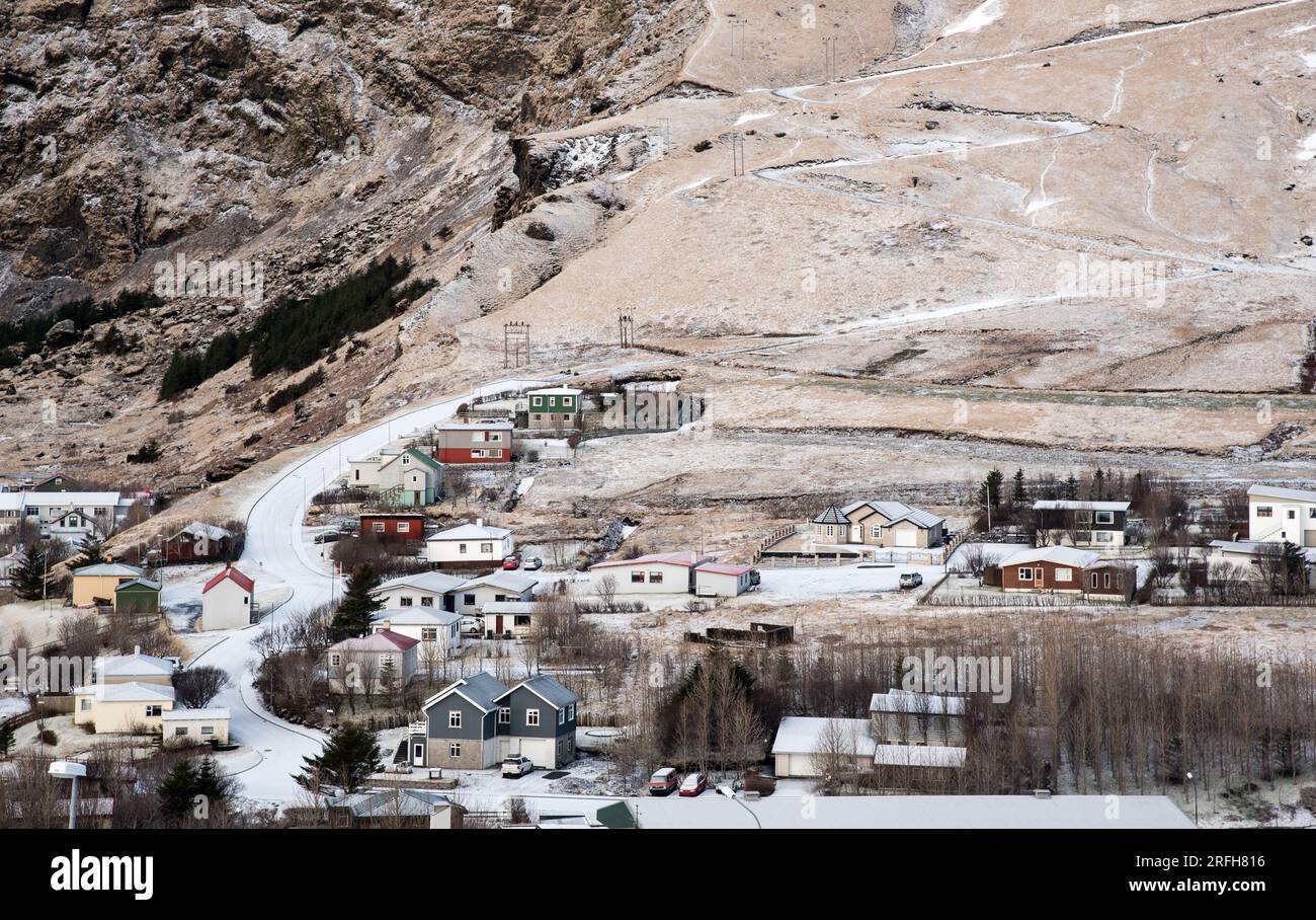 Vik I Myrdal village in Iceland covered in snow in spring Stock Photo ...