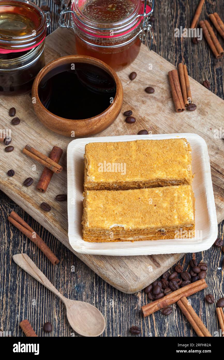 sliced puff pastry of cakes with honey and cream filling, honey cake ...
