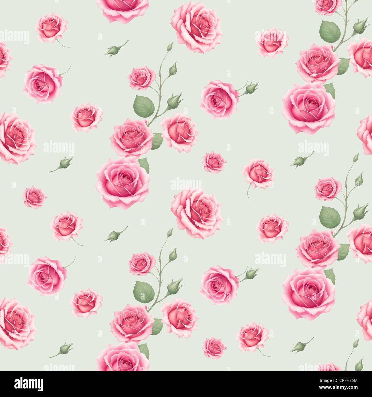 Seamless pattern pink rose flower and soft buds elements on green ...
