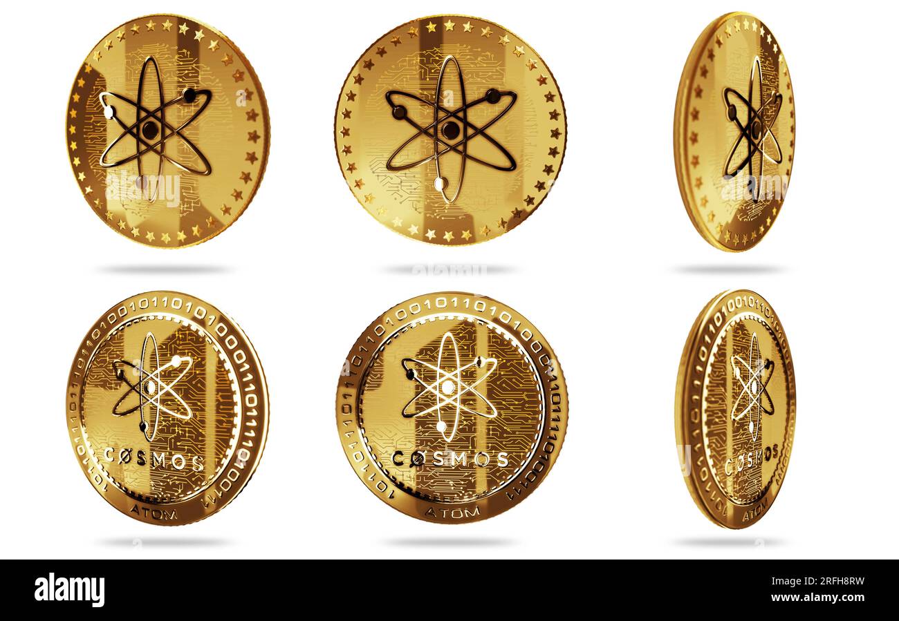 Cosmos ATOM cryptocurrency isolated gold coin on green screen ...