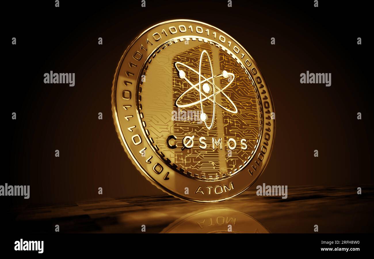 Cosmos ATOM cryptocurrency gold coin on green screen background ...