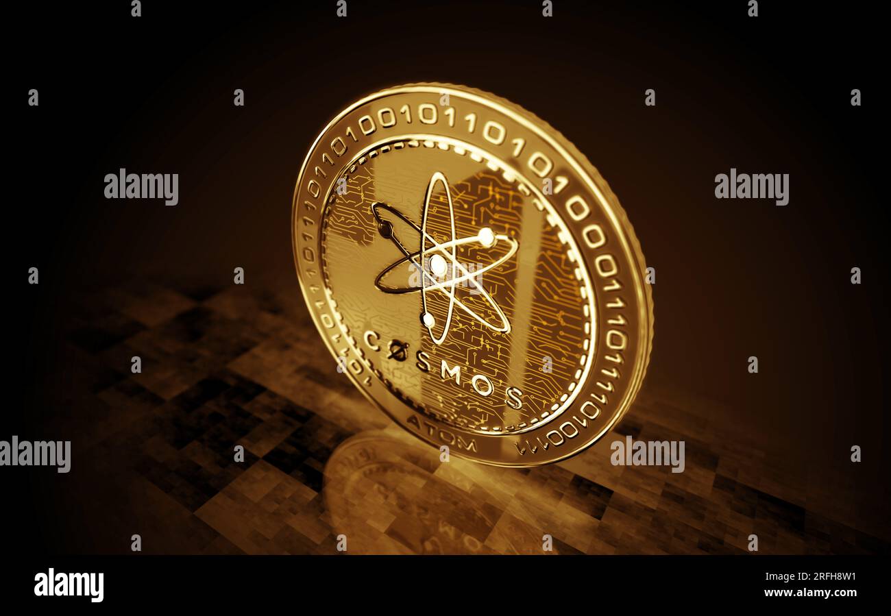 Cosmos ATOM cryptocurrency gold coin on green screen background ...