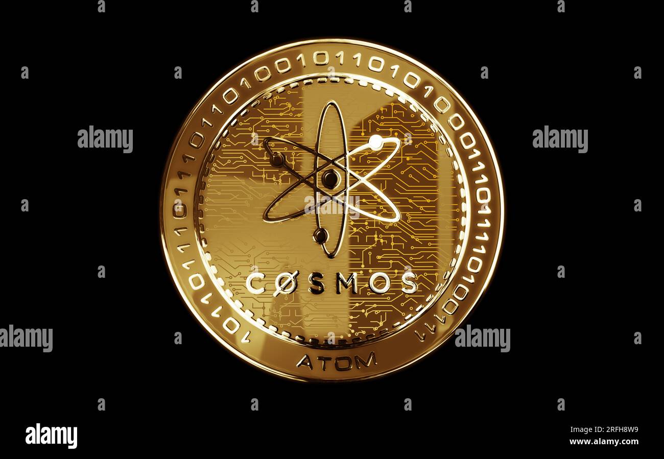 Cosmos ATOM cryptocurrency isolated gold coin on green screen ...