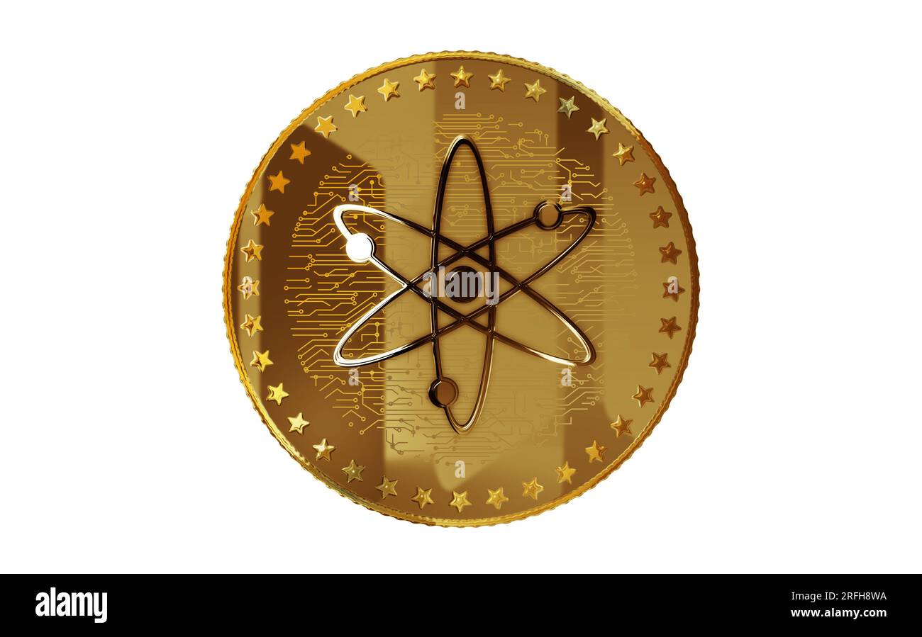 Cosmos ATOM cryptocurrency isolated gold coin on green screen background. Abstract concept 3d ...