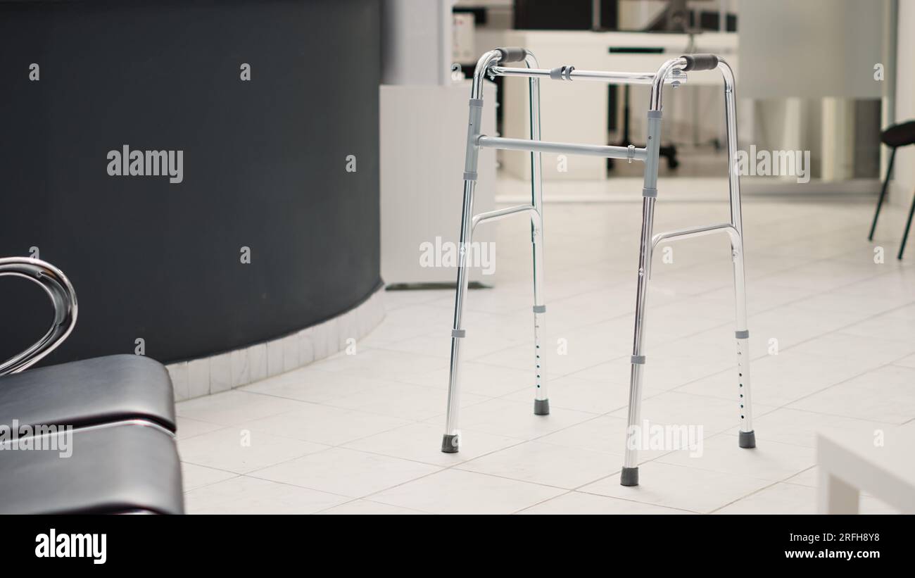 Diagnostic center with reception counter, walking frame placed in empty ...