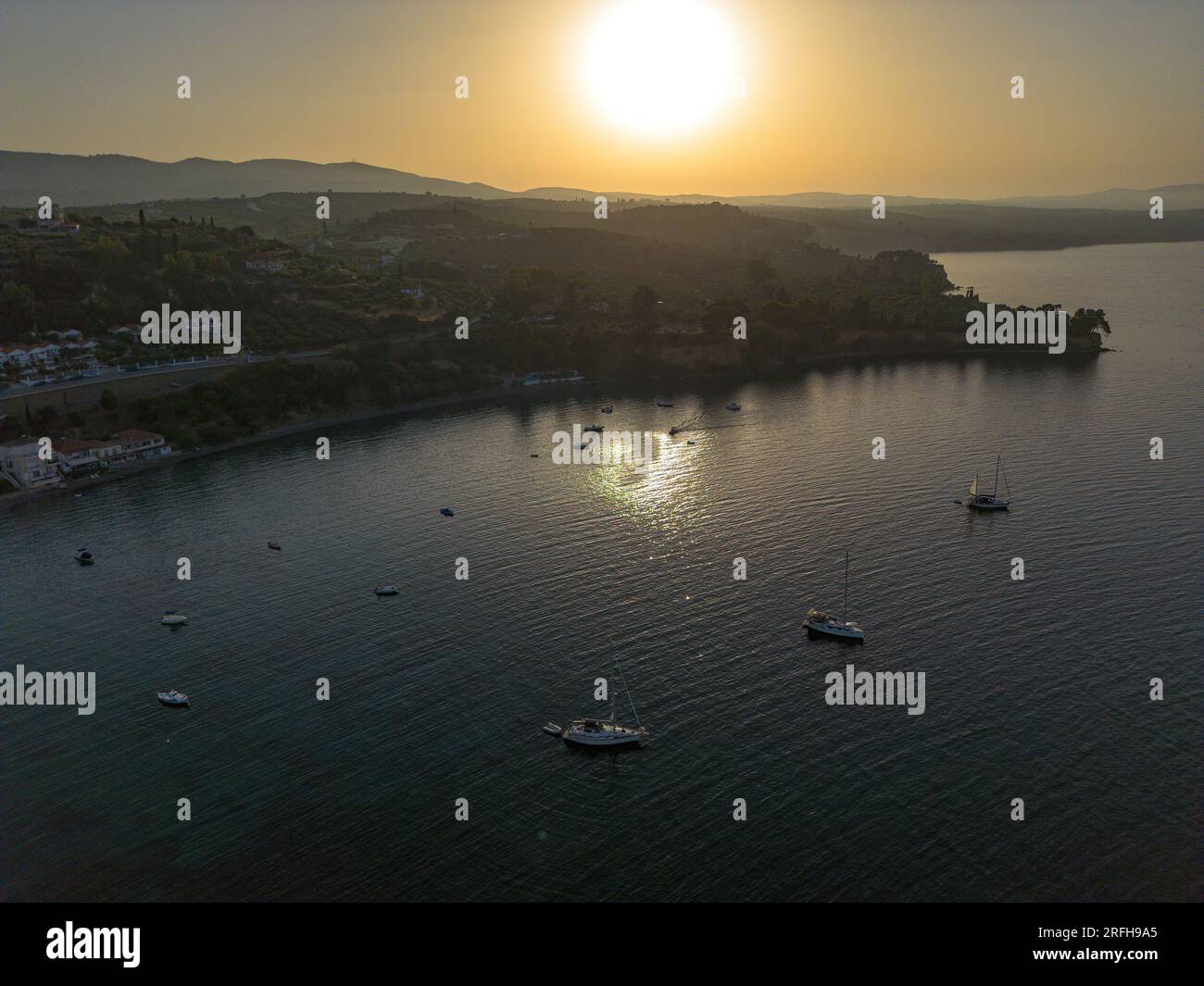 Aerial view over Koroni seaside city at sunset. Koroni, Messenia, in ...
