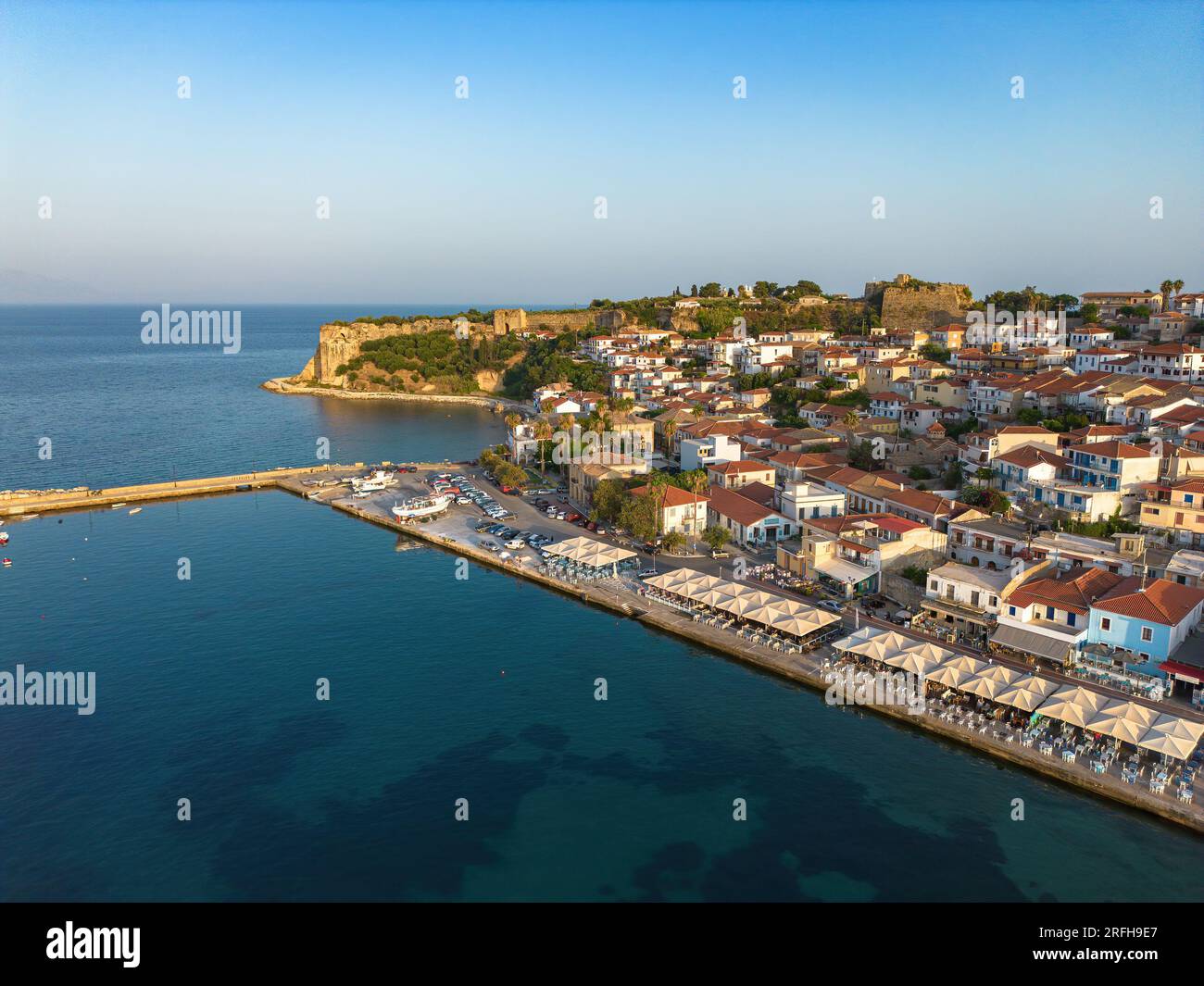 Aerial view over Koroni seaside city at sunset. Koroni, Messenia, in ...