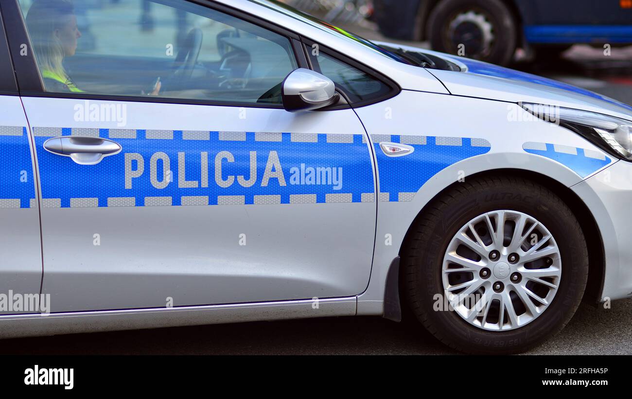 Warsaw, Poland. 29 July 2023. Police sign on police car. Polish police ...
