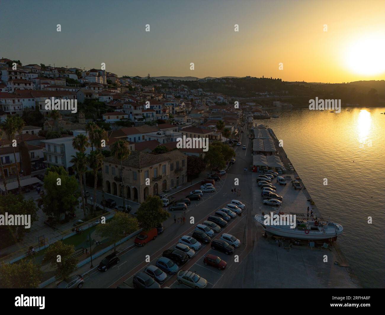 Aerial view over Koroni seaside city at sunset. Koroni, Messenia, in ...