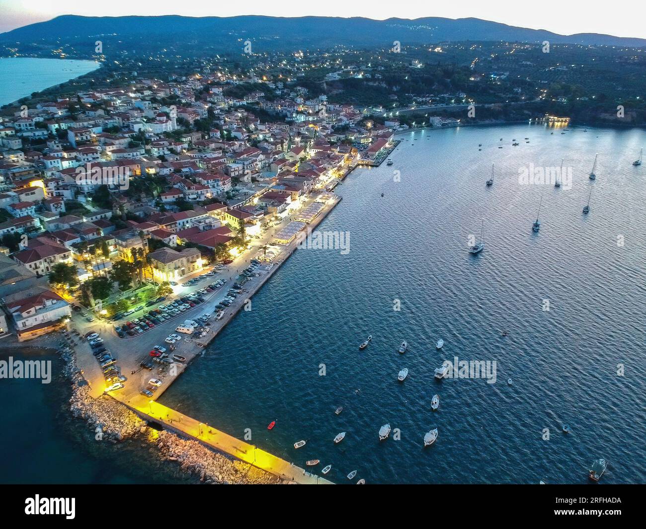 Aerial view over Koroni seaside city at sunset. Koroni, Messenia, in ...