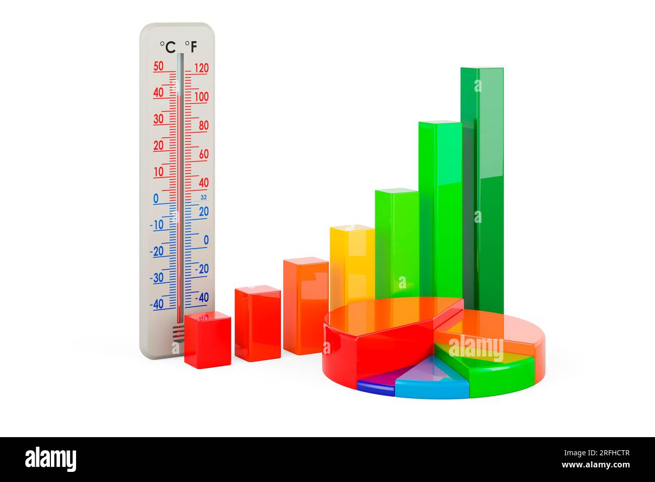 Thermometer with growth bar graph and pie chart, 3D rendering isolated ...