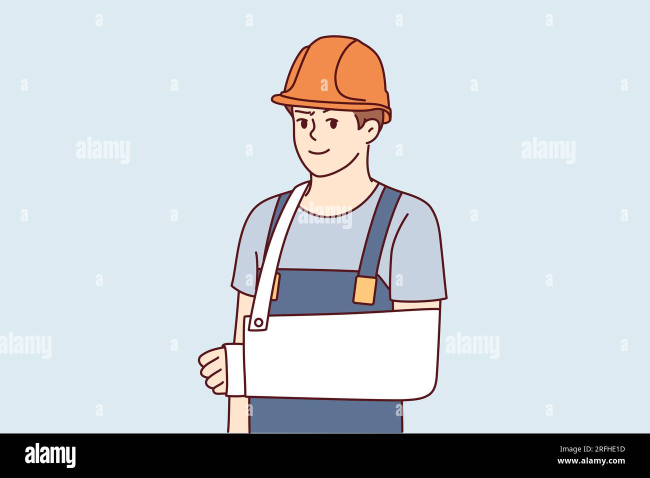 Man builder with broken arm after accident at workplace and looks at ...