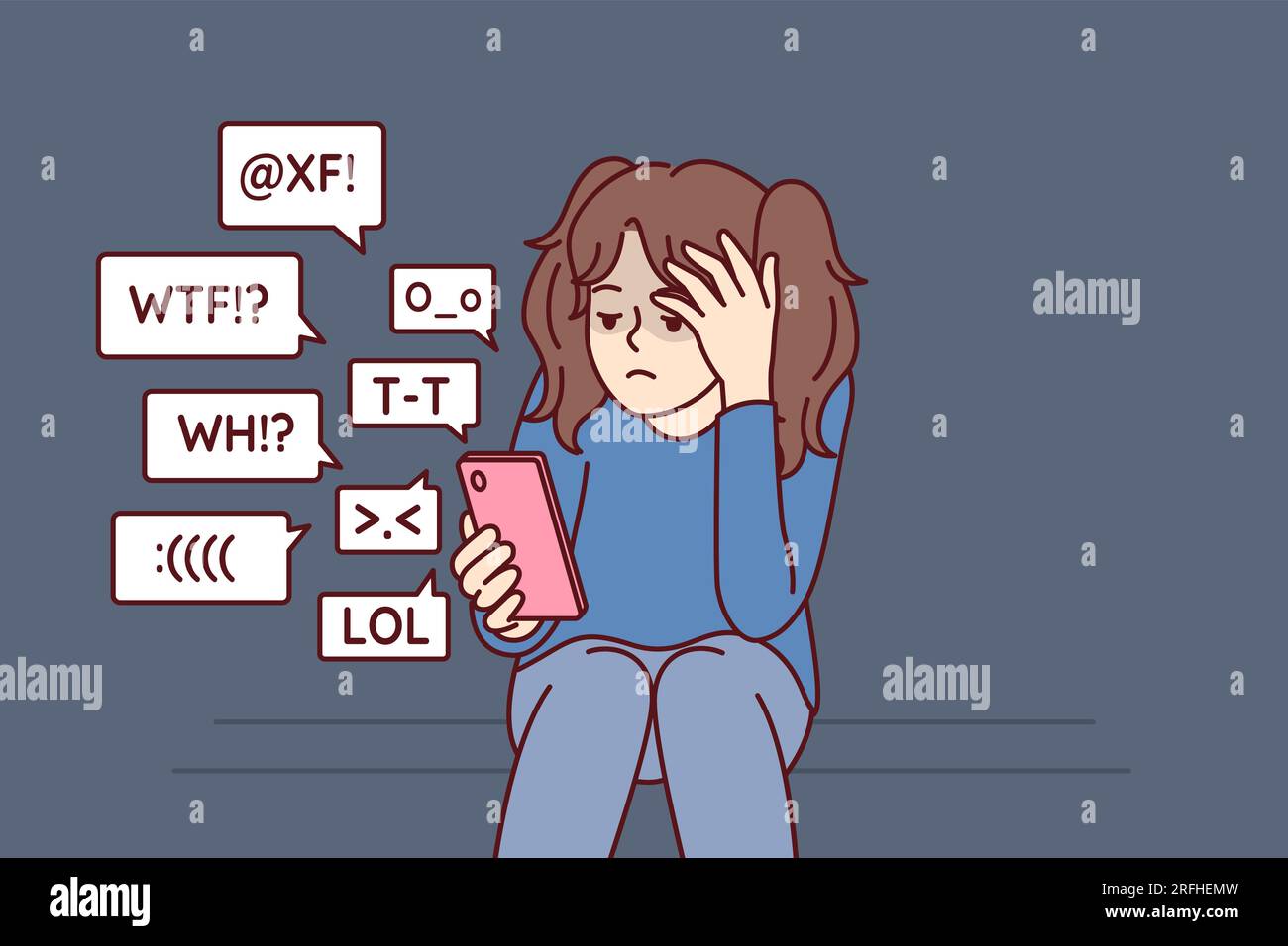 Little girl with phone suffers from bullying on social networks and ...