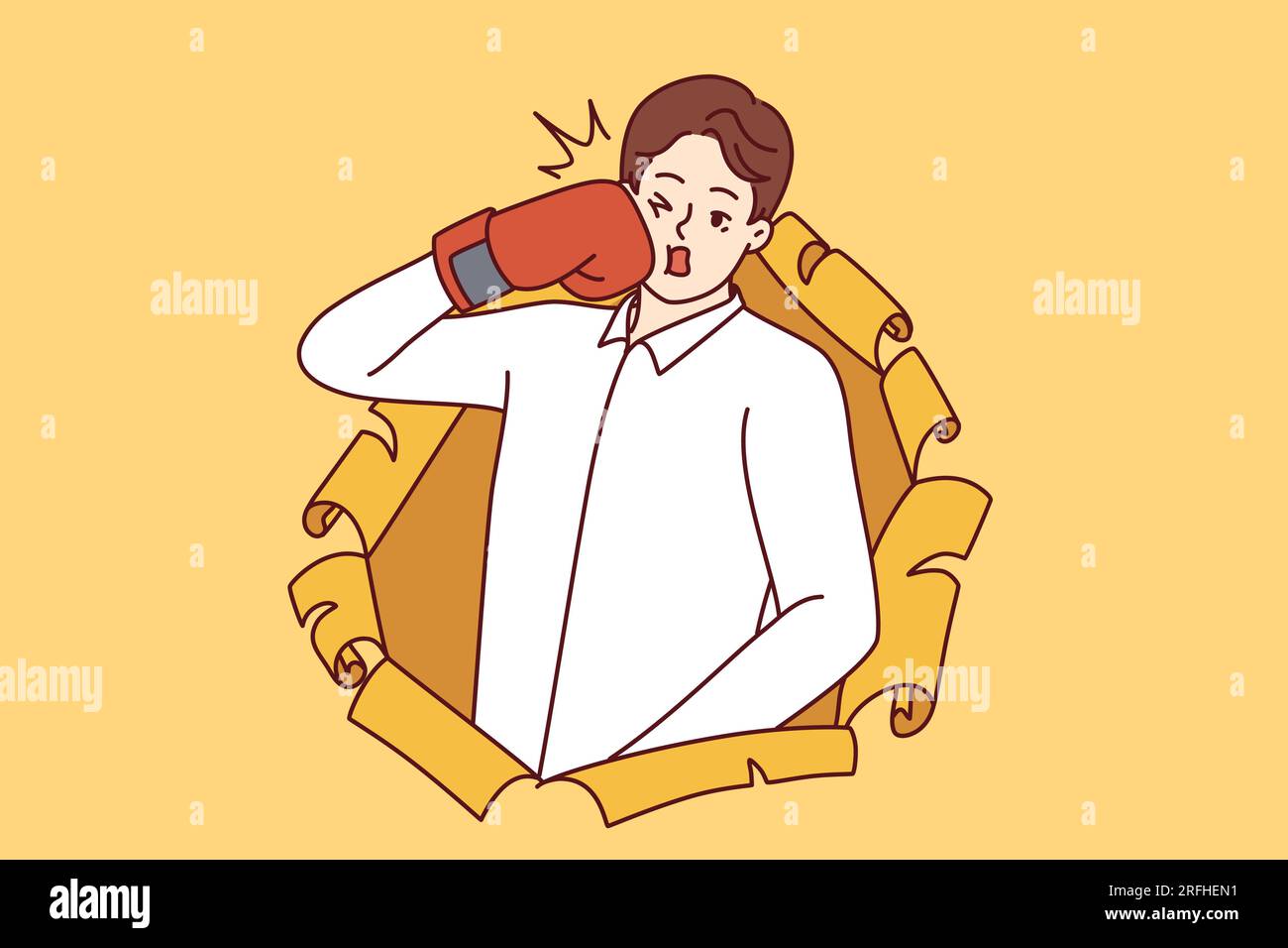 Man in boxing glove punches himself in face and peeking out of hole in ...