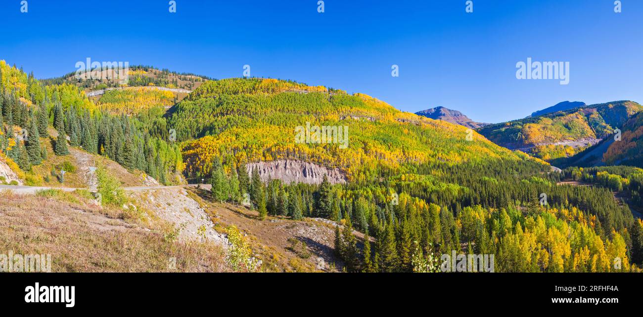 Panorama of autumn color with Aspen trees on the "Million Dollar ...
