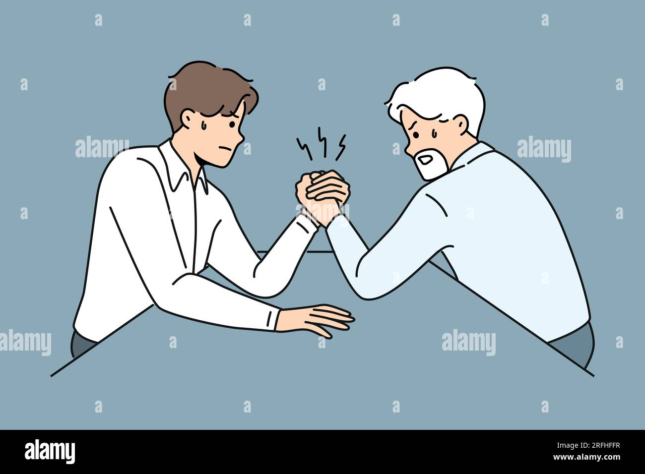 Competition of office workers of different ages doing arm wrestling to ...