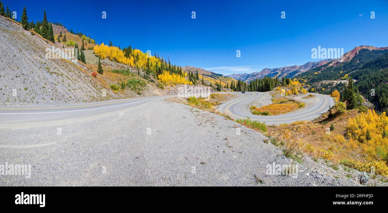 Panorama of autumn color with Aspen trees on the "Million Dollar ...