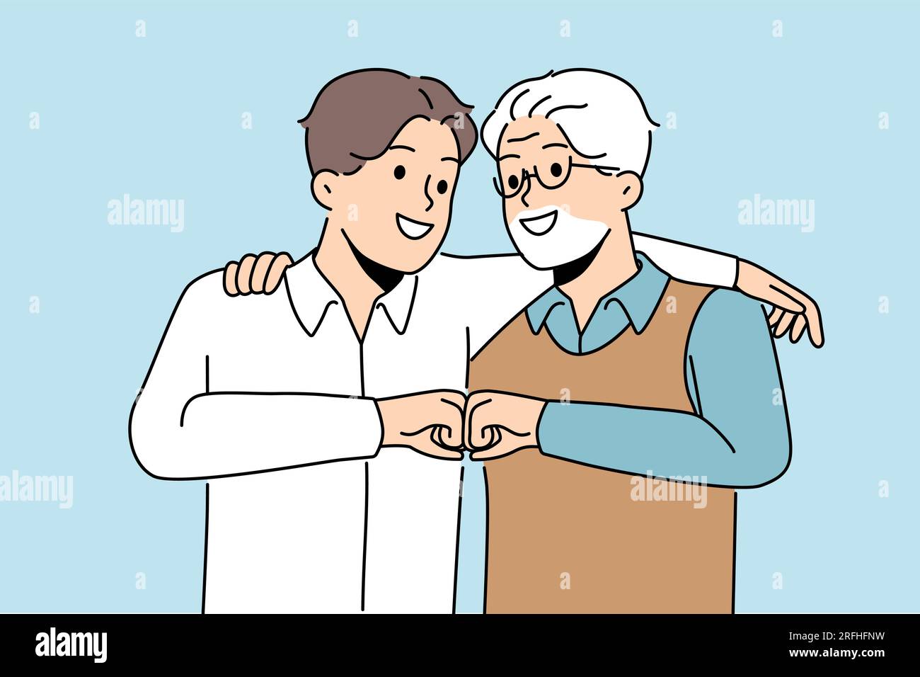 Young son and elderly father hug and bump fists to demonstrate unity ...