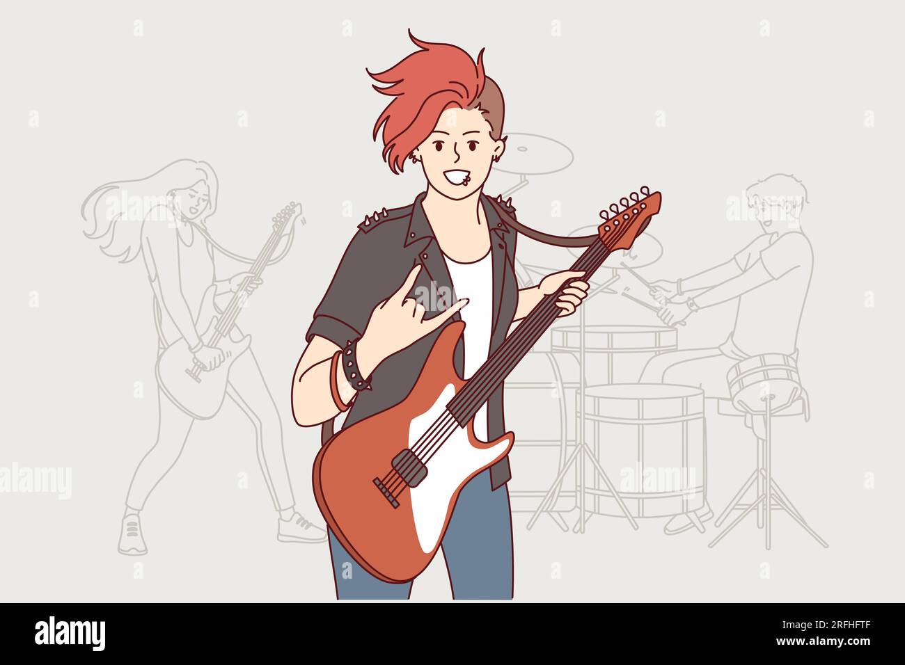 Girl rock musician plays guitar and makes gesture of goat enjoying ...