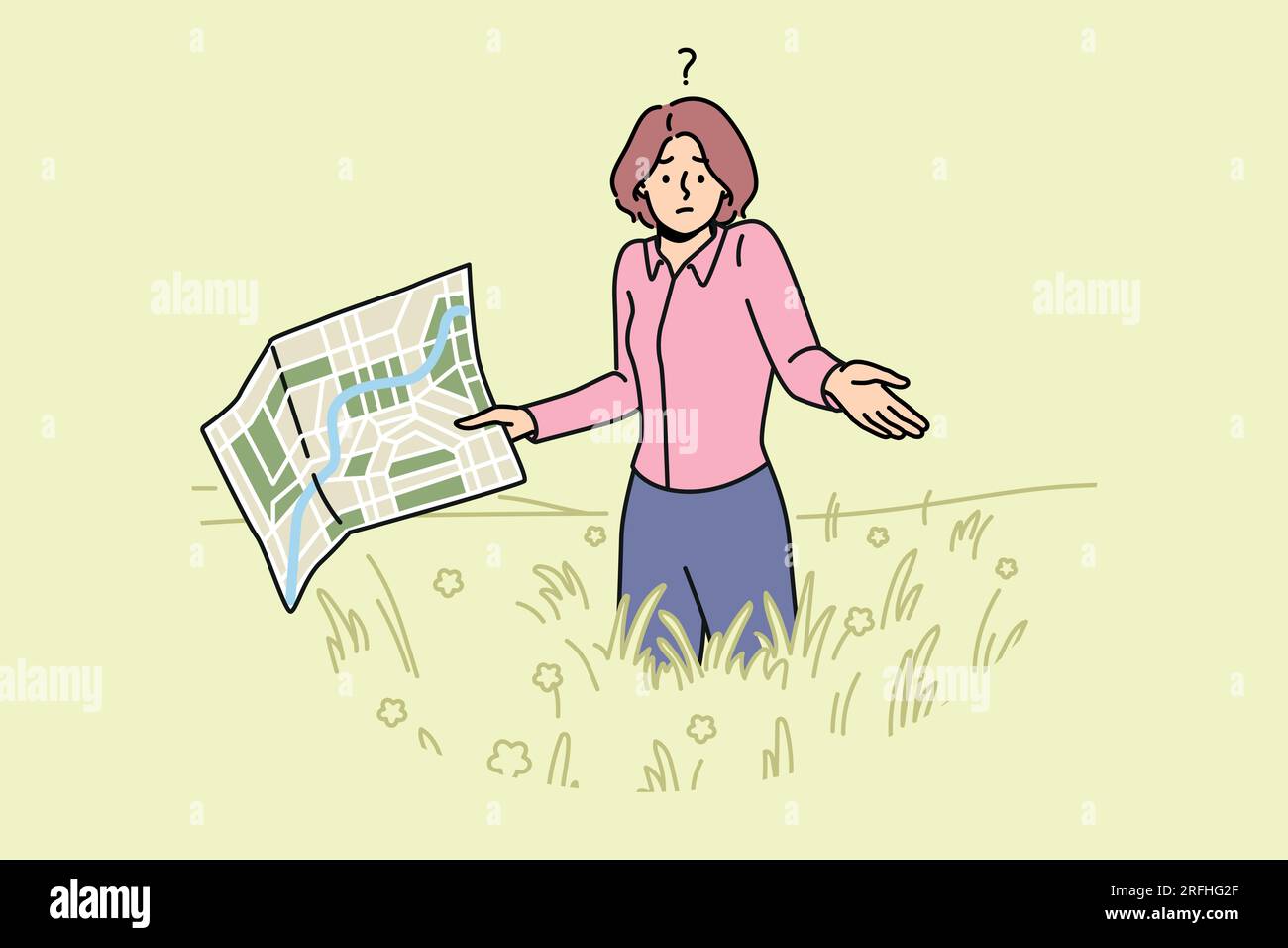 Lost woman with map stands in field and shrugs shoulders, not knowing ...