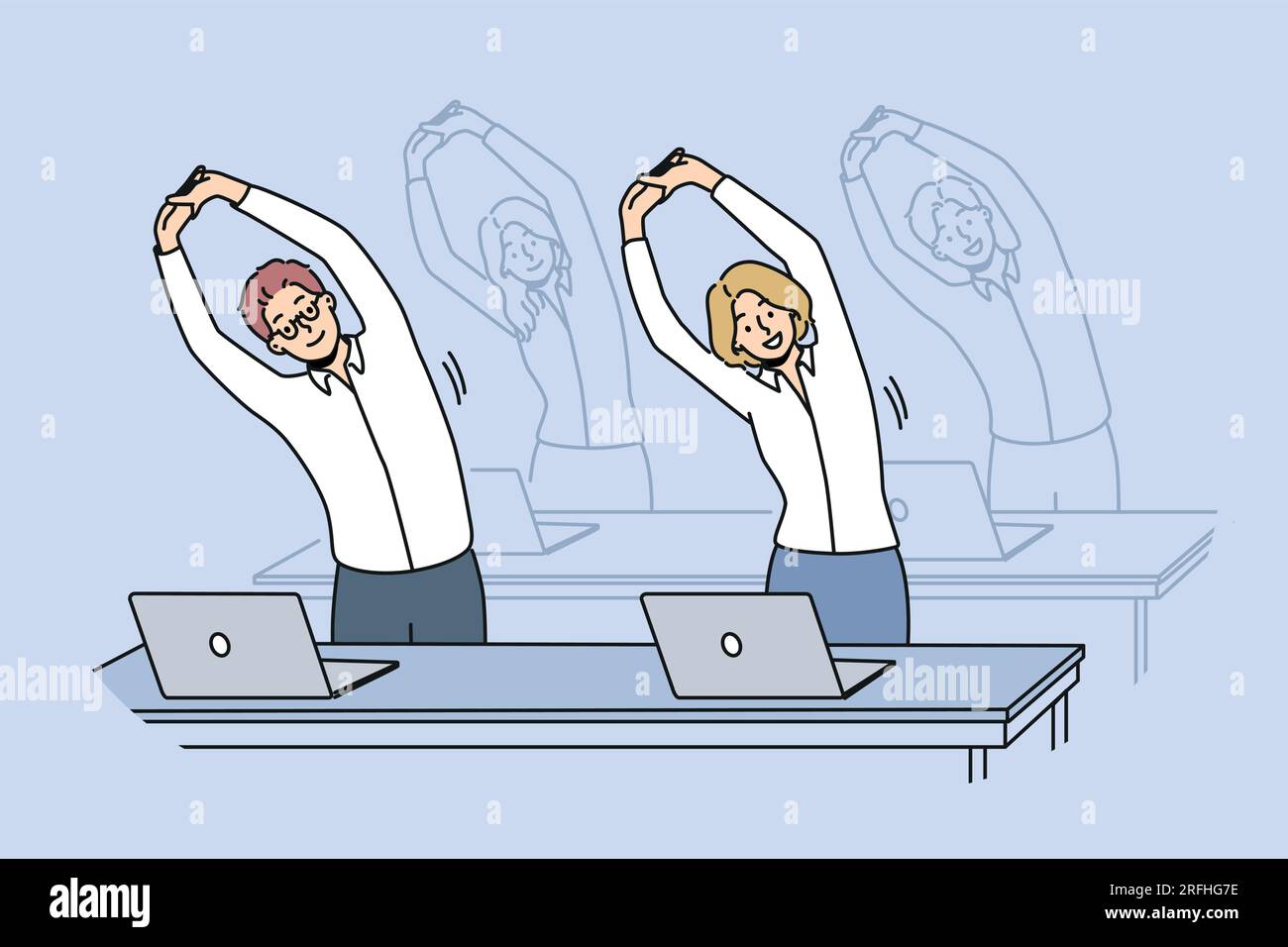 Office workers do exercises standing at workplaces and stretching arms ...