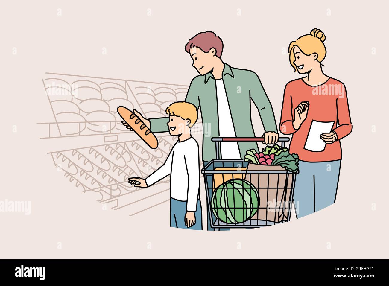 Happy family is shopping in supermarket, standing with trolley near ...