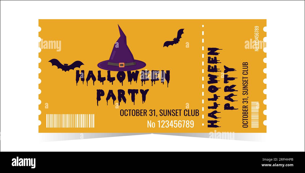 Layout of the Halloween Party Ticket Template. A witch's hat and bats ...