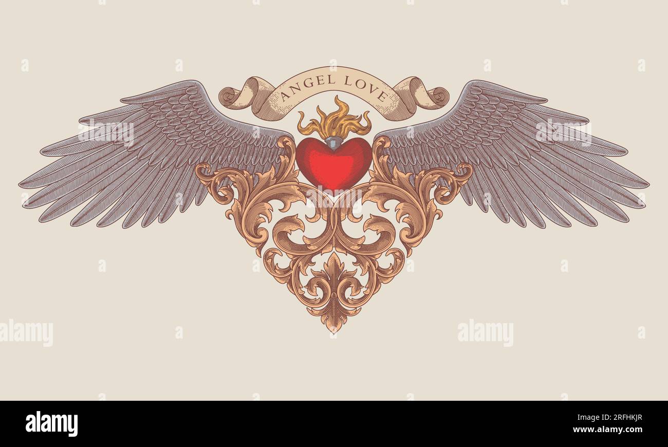 heart with torch, wings, banner and gold floral ornament, Vintage ...