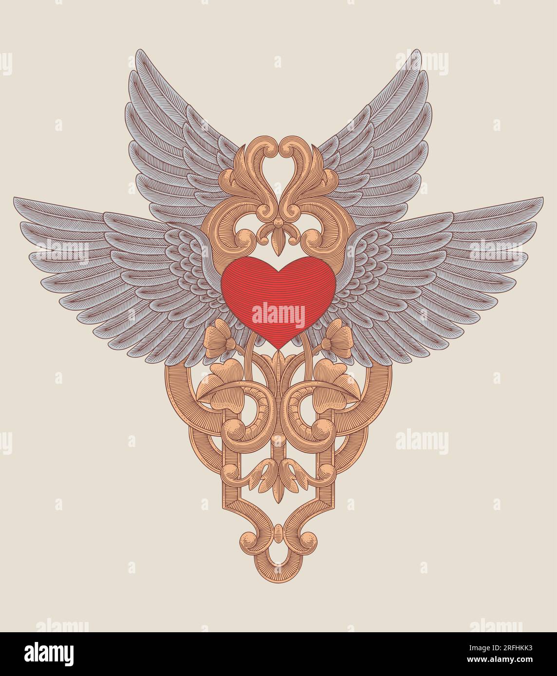 heart lock with wings and floral ornament, Vintage engraving drawing ...