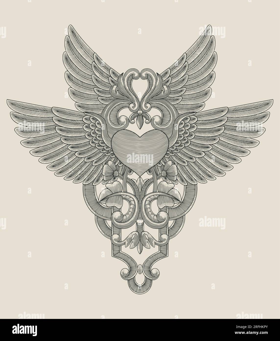 heart with wings, floral ornament, Vintage engraving drawing style ...