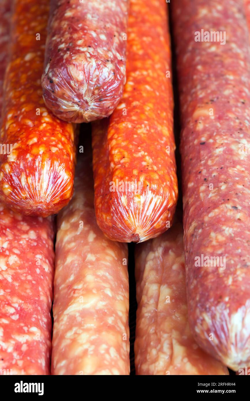 meat products in the form of sausage with lard, different types of ...